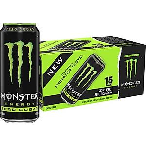 Monster Energy Zero Sugar, Green, Original, Low Calorie Energy Drink, 16 Fl Oz (Pack of 15)