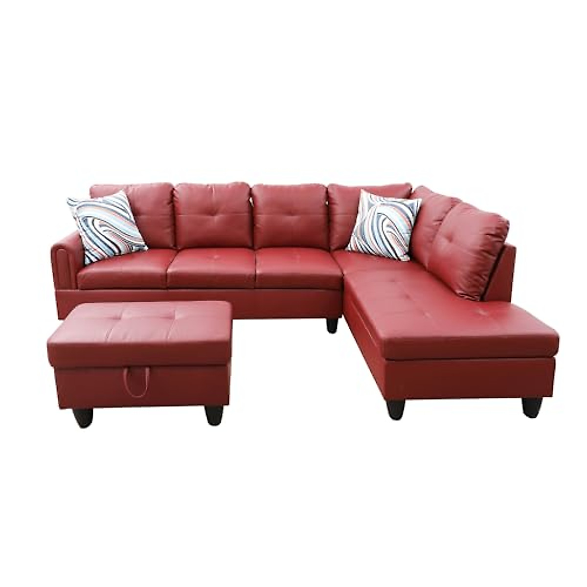 NOTOP 3-Piece Faux Leather L-Shaped Sectional Sofas, Button Tufted Upholstered Couch Set with Right Chaise Longue and Storage Ottoman, for Living Room, Home, Office, Red