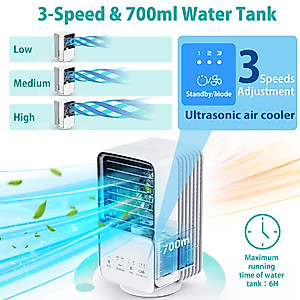 Portable Air Conditioner Fan, Evaporative Air Cooler, USB Personal Desktop Cooling Fan with 3 Speeds, LED Light, 120°Oscillation, 2 Mist Adjustments as Humidifier, Small Air Cooler for Room, Bedroom