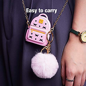 AirPods Case Cute with Keychain Metal Strap & Fur Ball, pordsioc Silicone 3D Backpack Airpods 1 & 2 Cover Earphone Covers Cartoon Airpod Protective Case for Girls and Women (Pink)