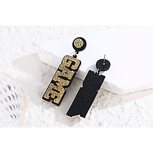 Game Day Earrings For Women, Acrylic Football/Rugby/Baseball/Basketball/Volleyball Team Sports Cheer Gifts Long Dangle 2023 Lightweight Hypoallergenic Jewelry (Black+Gold)