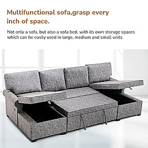 MOEO 108.75" U-Shaped Living Room Sectional Sofa with 2 Chaise Lounges, Large Reversible 6-Seater Couch w/Two USB Port Plug, Storage, Pull Out Bed, Upholstered Nail Head Trim, Grey