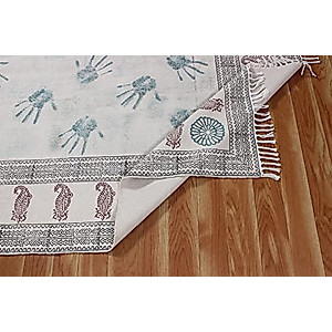Casavani Hand Block Printed Cotton Dhurrie Bordered Blue & Brown Area Rug Doormat Floor Rug Indoor Area Rugs for Bedroom Living Room Laundry Room 6x8 Feet