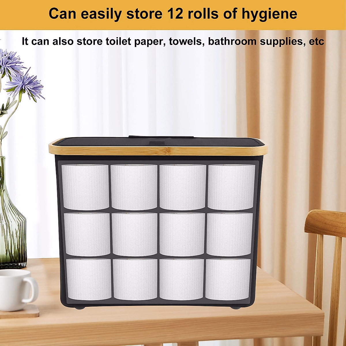 YLMFTNU Toilet Paper Basket with Lid, Toilet Paper Storage, Paper Roll Basket, Lightweight Toilet Paper Organizer Basket with Side Window, Foldable Toilet Paper Bin Holds up to 12 Toilet for Home
