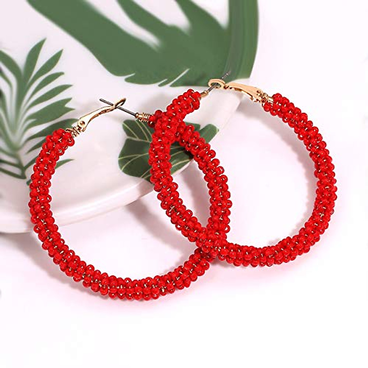 CEALXHENY Beaded Hoop Earrings for Women Mixed Color Bead Dangle Earrings Bohemia Hoop Dangle Earring Studs for Women (B Red)