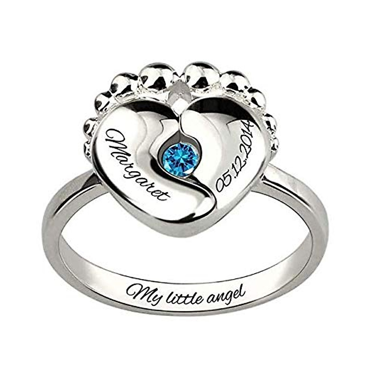 mozhiben Customize Baby Feet 1 Birthstone Ring for Birthday Memorial Gift for Mother Grandma Engraved Name Mom Ring Custom Rhinestone S925 Sterling Silver Women Rings