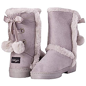 bebe Girls Fur Trim Winter Boots with Back Lace Pom-Poms (Toddler/Little Girl/Big Girl), Size 2 Little Kid, Grey
