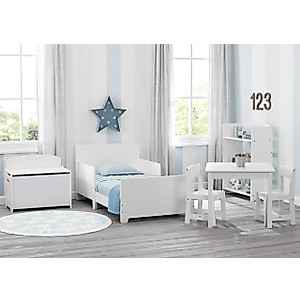 Delta Children MySize Toddler Bed, Bianca White, Dual Sided Recycled Fiber Core Mattress, 2 Attached Guardrails, 50 lbs Weight Capacity, 30 Inches Wide, 20 Inches Deep