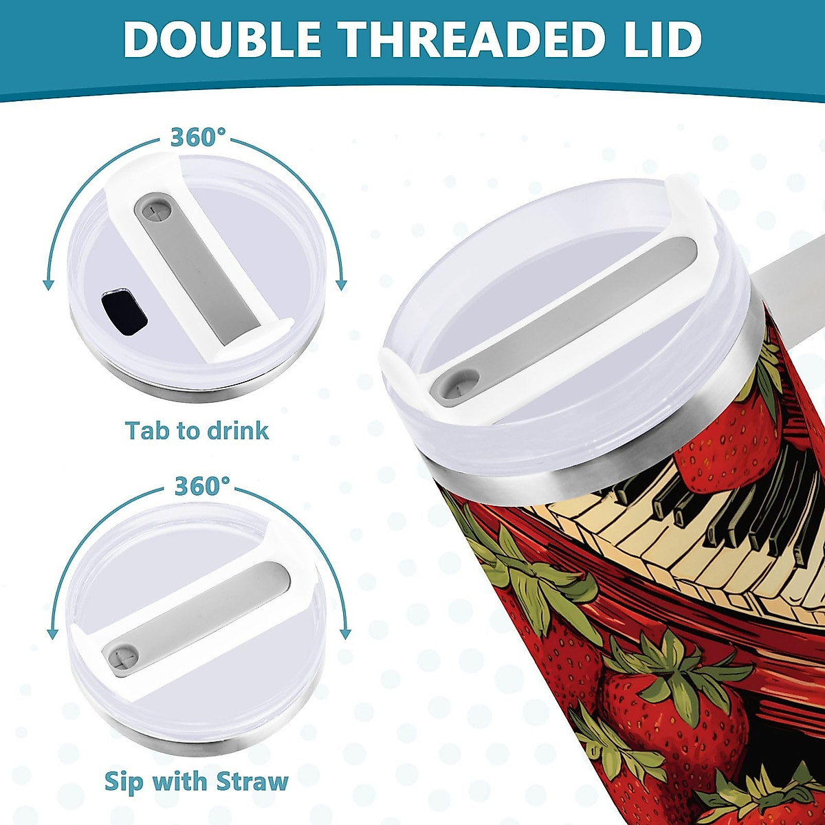 ALAZA Vintage Strawberries Piano Keys Music 40 oz Tumbler Water Bottle with Straw Lid and Handle,Reusable Insulated Stainless Steel Cup for Women Men Travel Car Cup Holder