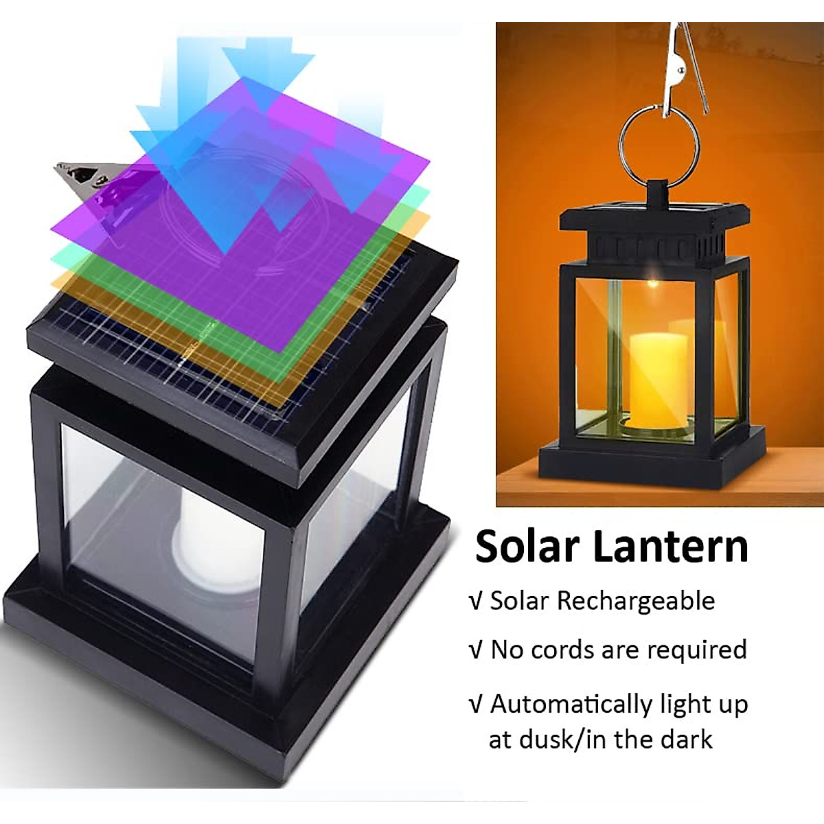 Solar Lanterns Outdoor Waterproof, Garden Hanging Flickering Flameless LED Candle Lighting, Solar Powered Lights for Decorative Yard, Table, Patio, Umbrella, Black