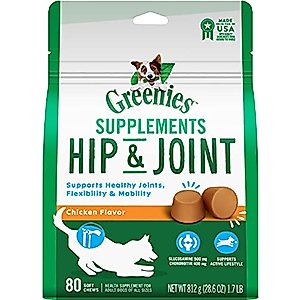 Greenies Hip & Joint Dog Supplements with Glucosamine and Chondroitin, 80-Count Chicken-Flavor Soft Chews for Adult Dogs