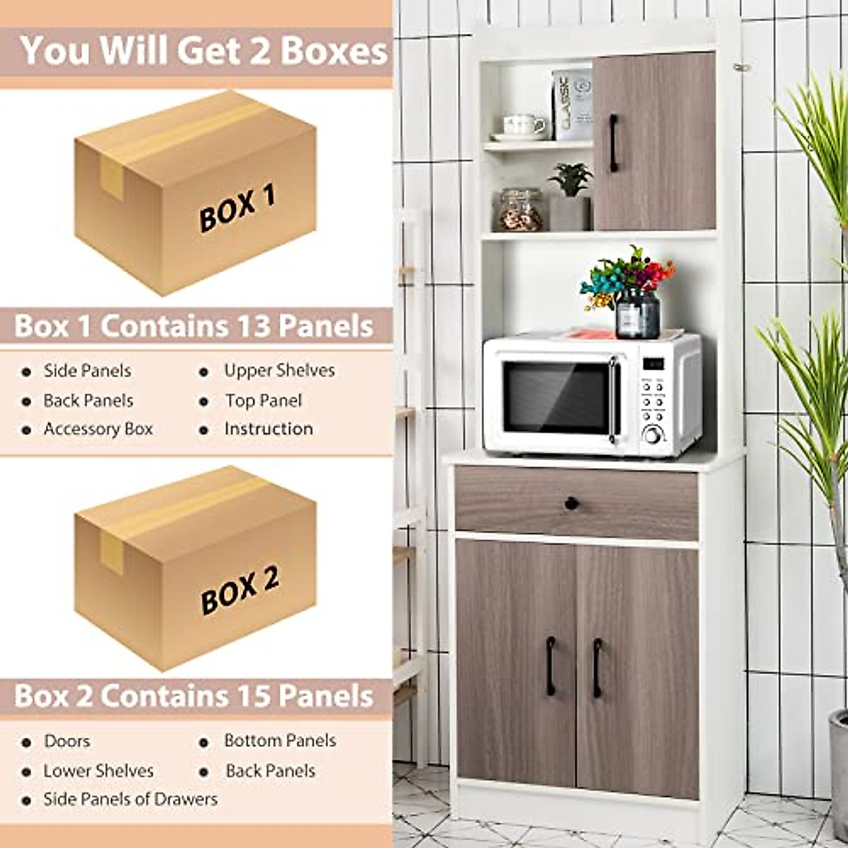 COSTWAY 71" Kitchen Buffet with Hutch, 3-Door Kitchen Pantry with Large Drawer, Adjustable Shelves, Wide Countertop, Cable Hole, Storage Cabinet for Living Room (White)