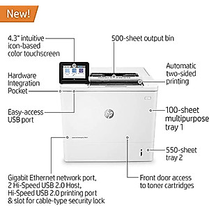 HP Laserjet Enterprise M611dn Single-Function Wired Monochrome Laser Printer, White - Print only - Ethernet, USB, 4.3" Touchscreen, 65 ppm, 1200x1200 dpi, Auto Duplex Printing - Cbmou External Webcam