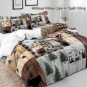 VIVIHOME 3PCS Black Bear Moose Deer Duvet Cover, King Bedding Set, Vintage Brown Plaid Country Farmhouse Rustic Bedding, Forest Animal Wildlife Hunting Cabin Lodge Quilt Comforter Cover, 2 Pillowcases