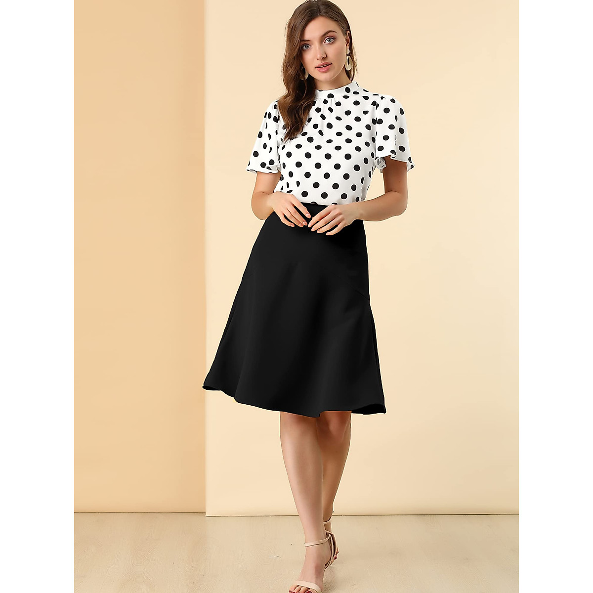 Allegra K Women's Polka Dots Blouse Stand Collar Pleat Keyhole Back Short Flare Sleeve Tops Medium White Black