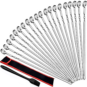 22 Packs Kabob Skewers for Grilling, HaSteeL 15.7” Flat Metal Kabob Sticks with Storage Bag, Reusable 20Pcs Stainless Steel Long Skewers & 1 Basting Brush for Shish Kabobs, Meat, Vegetable, Shrimp