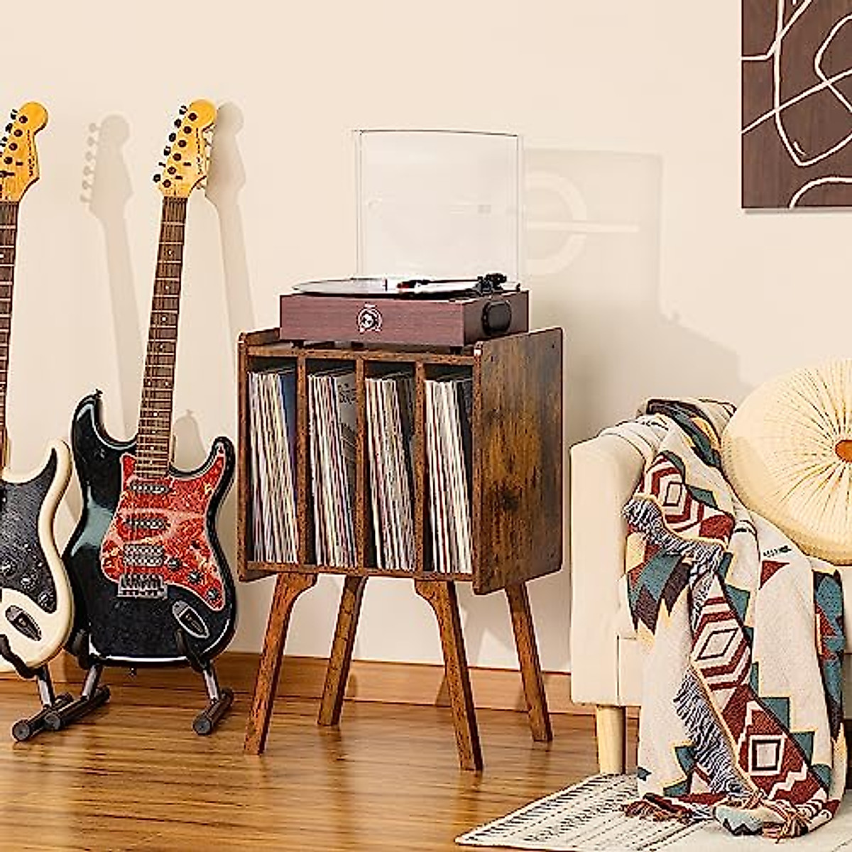 LELELINKY Record Player Stand, Brown Record Storage Table with 4 Cabinet Up to 100 Albums (Patented)