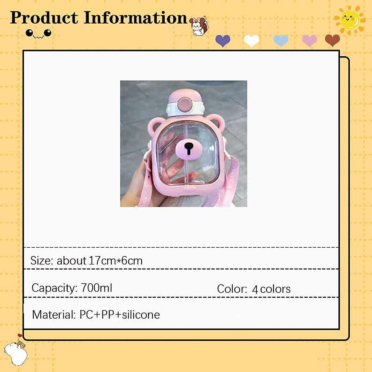 FEUSEUZ Kawaii Water Bottle 24 oz square transparent water bottle Cute little bear portable water bottle with strap and sticker (coffee,700ml)