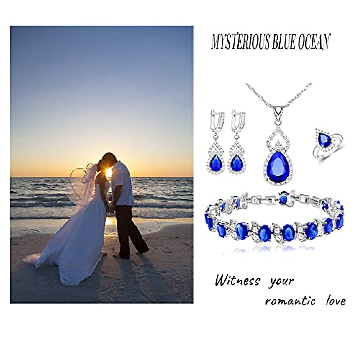 LMXXVJ Women Jewelry Set Platinum Plated Necklace Open Ring Earrings Bracelet Set,Birthday/Anniversary Mother’s Day Jewelry Gifts for Mom/Wife/Sister/Best Friend (blue, Adjustable)