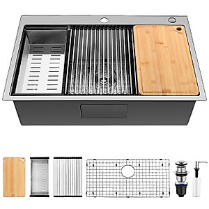 Homikit 33 x22 Inch Kitchen Sink with Soap Dispenser, 16 Gauge Stainless Steel Topmount Drop In Kitchen Sinks Single Bowl 2-Hole R10 Corner, 10" Deep Large Farmhouse Workstation Sink with Accessories