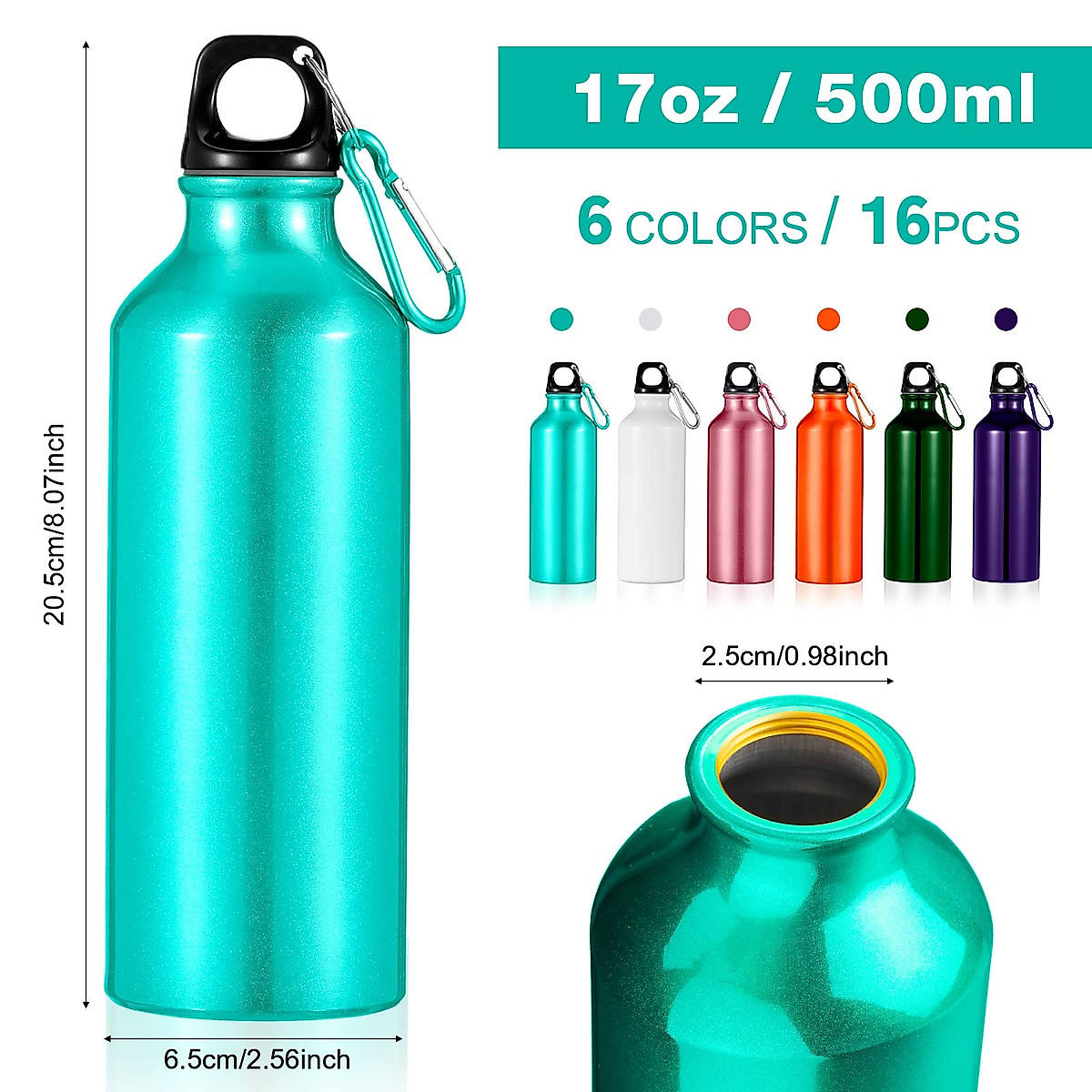 Gandeer 16 Pcs Aluminum Water Bottle Bulk 17 oz Reusable Backpacking Leak Proof Water Bottles with Buckle and Twist Cap for Camping Sports Travel(Bright Color)