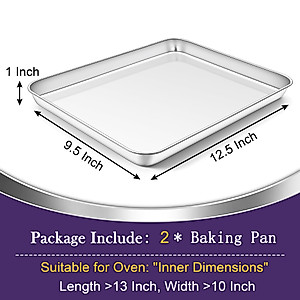 TeamFar Toaster Oven Pan Set of 2, Stainless Steel Toaster Oven Baking Tray Ovenware, 12.5’’x 9.5’’x1’’, Non Toxic & Healthy, Rust Free & Mirror Finish, Easy Clean & Dishwasher Safe