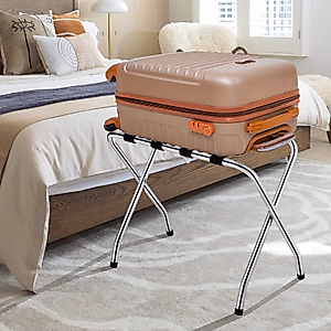 S AFSTAR Folding Luggage Rack Set of 4, Metal Luggage Holder with Nylon Belts & Non-slip Footpads, Assembly Free & 180 Lbs Capacity Chrome Suitcase Rack Stand for Home Bedroom Hotel, Silver