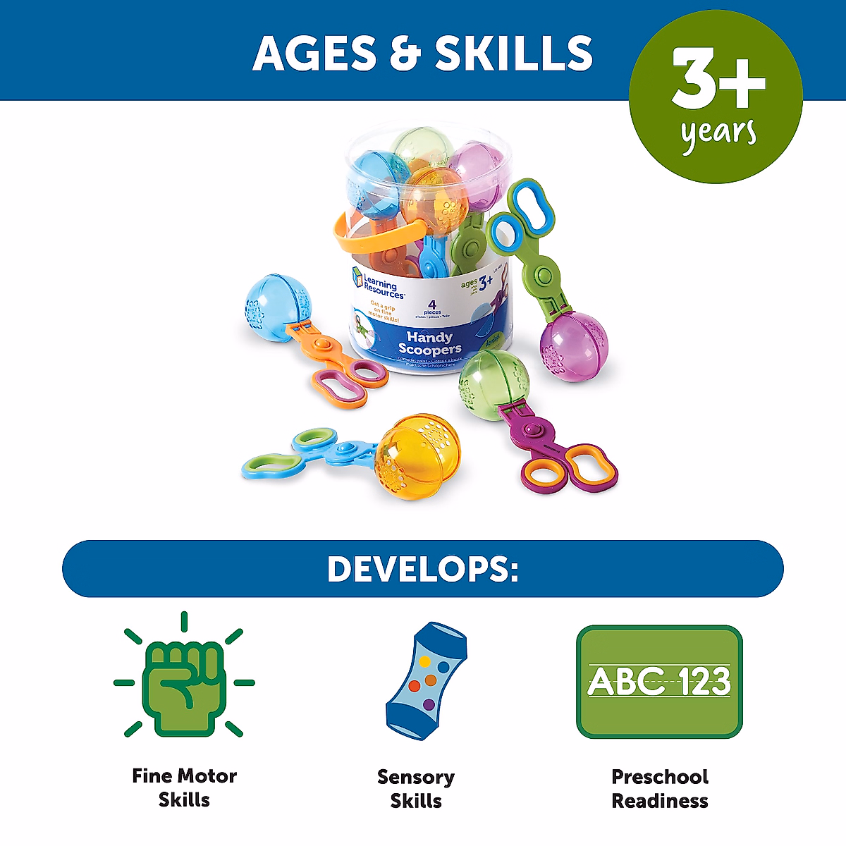 Learning Resources Handy Scoopers - 4 Pieces, Ages 3+ Toddler Learning Toys, Fine Motor and Sensory Toys, Sand Box Toys for Toddlers, Kid Tweezers