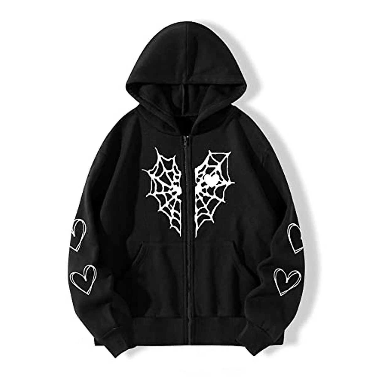 Y2K Gothic Spider Web Heart-shaped Print Hoodied Pullover Punk Zip Up Jacket Coat Harajuku Loose Oversized Streetwear (Black Pink,S)
