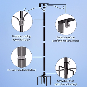 Mosloly Bird House Pole Kit 80inch - Universal Metal Bird Feeders Pole Mount Set with 5-Prongs Base and 2 Hanging Arms, Bird Feeding Station for Bird Watching, Plant Hanger