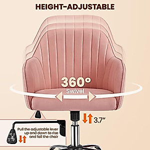 Yaheetech Velvet Office Desk Chair Height Adjustable Task Chairs Modern Office Chair Makeup Chair 360° Swivel Computer Chair Mid Back Chair Living Room Chairs with Arms&Stainless Base Accent Pink