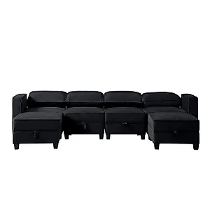 FIQHOME 116'' Modular Sectional Storage Seat, Oversized U Shaped Couch with Reversible Chaise Set with Square Arm, Soft Sofa for Living Room, Office, Spacious Space, Black