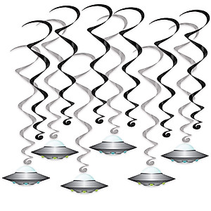 Beistle 24 Piece Flying Saucer Whirls Hanging Spirals, 17.5" - 25", Black/Silver/White/Blue/Green