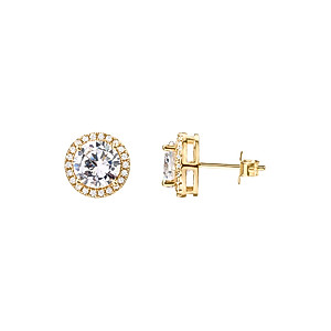 PAVOI 14K Gold Plated Sterling Silver Post Brilliant Round Faux Diamond Halo Earrings - Premium Cubic Zirconia in Yellow Gold