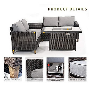 Grand patio Sofa Sets 6 Pieces Luxury Conversation Set with Fire Pit Table, Heavy Duty Rattan Patio Furniture Sectional with Thick Cushions for Yard Garden Porch(Brown Set with Fire Table, 6 PCS)
