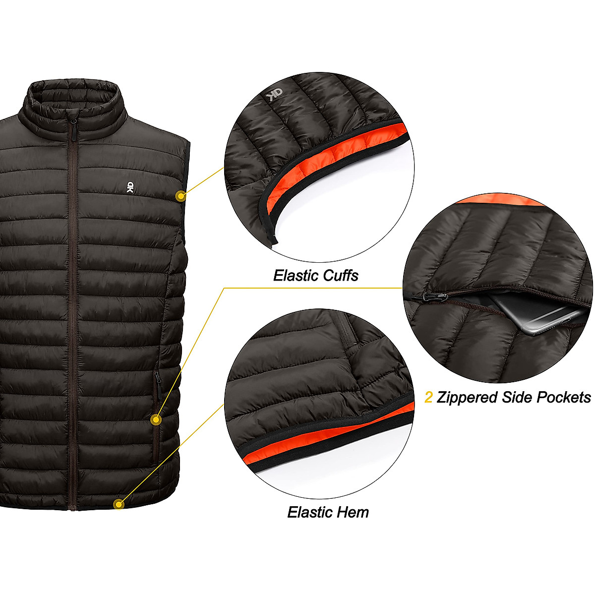 Little Donkey Andy Men's Lightweight Puffer Vest Warm Thermal Sleeveless Jacket for Golf Casual Travel Slate Brown L