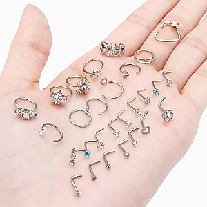 Ocptiy 18G Nose Rings Studs Hoop Piercing Jewelry for Women Stainless Surgical Steel Hypoallergenic L Shaped Cute Nose Rings Bend Curved Cubic Zirconia Nose Nostril Ring Stud Piercing Jewelry Men 2MM