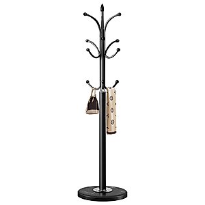 Tenkovic Metal Coat Rack Stand with Natural Marble Base, Coat Rack Freestanding, Sturdy Hall Tree with 12 Hooks for Hanging Clothes, Bags, Scarfs, Coat Hanger for Entryway, Hallway (Black)
