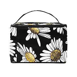 Women's Lightweight Makeup Bag Pouch Compatible with Floral Chamomile Or Daisy Flowers Black Toiletry Bag, Funny Travel Cosmetic Bag Portable Bag with Zip for Office College
