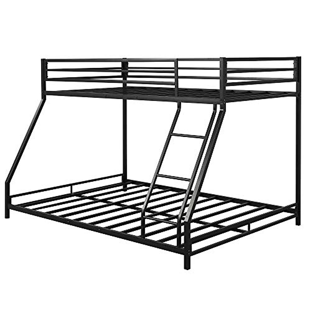 Low Bunk Beds Twin Over Full Size with Sloping Stair, Heavy Duty Bed Frame with Safety Guard Rails for Kids Teens Adults, No Box Spring Needed (Black)