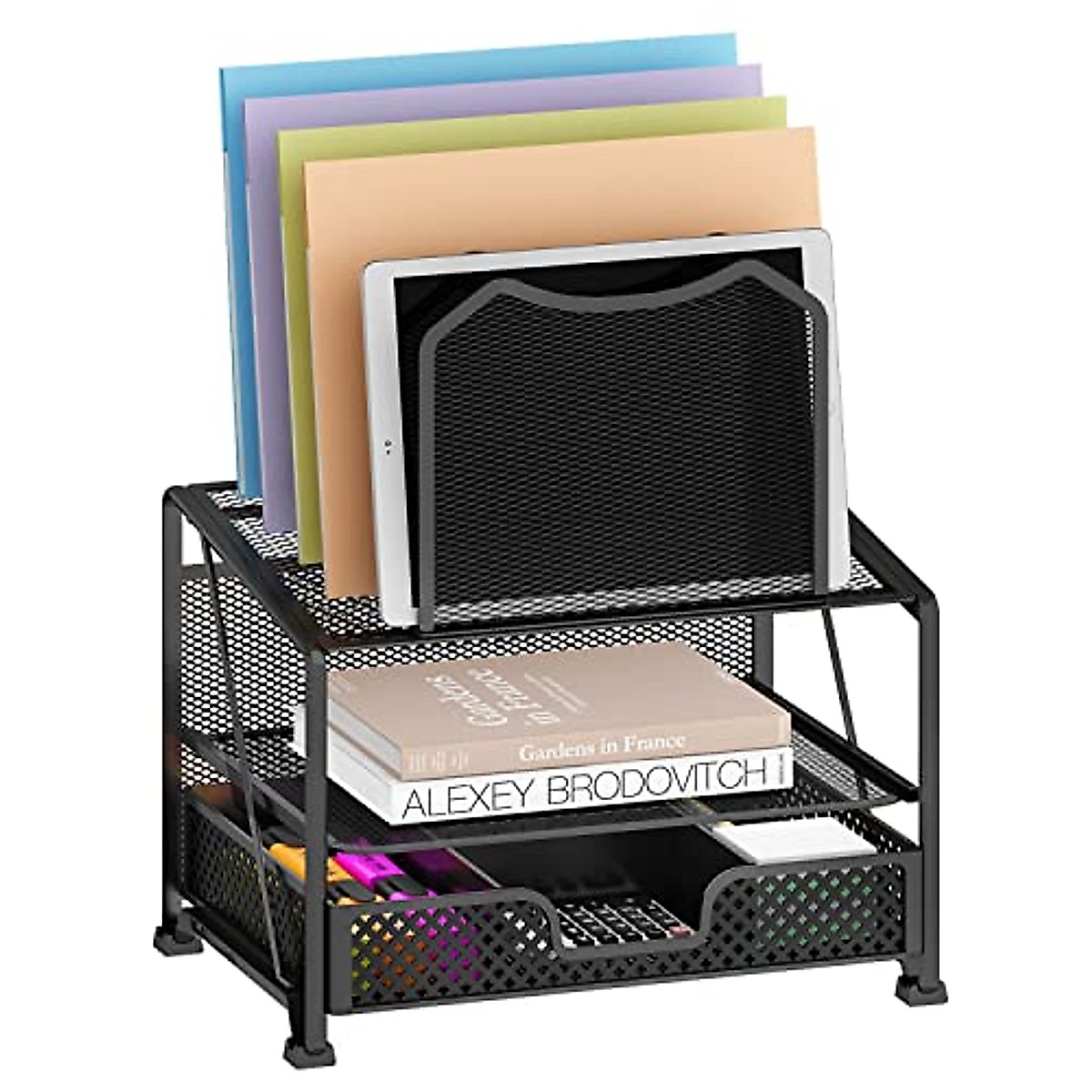 Simple Trending Mesh Desk Organizer with Sliding Drawer, Double Tray with 5 Sections File Bookshelf, Black