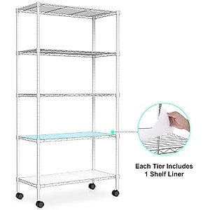 Dolonm 5 Tier Wire Shelving Unit, 750 LBS NSF Storage Shelf, 14"D x 30"W x 60"H, Kitchen Shelf with Liners, Garage Storage Shelves with Wheels, Heavy Duty Metal Pantry Racks, Adjustable Shelf, White