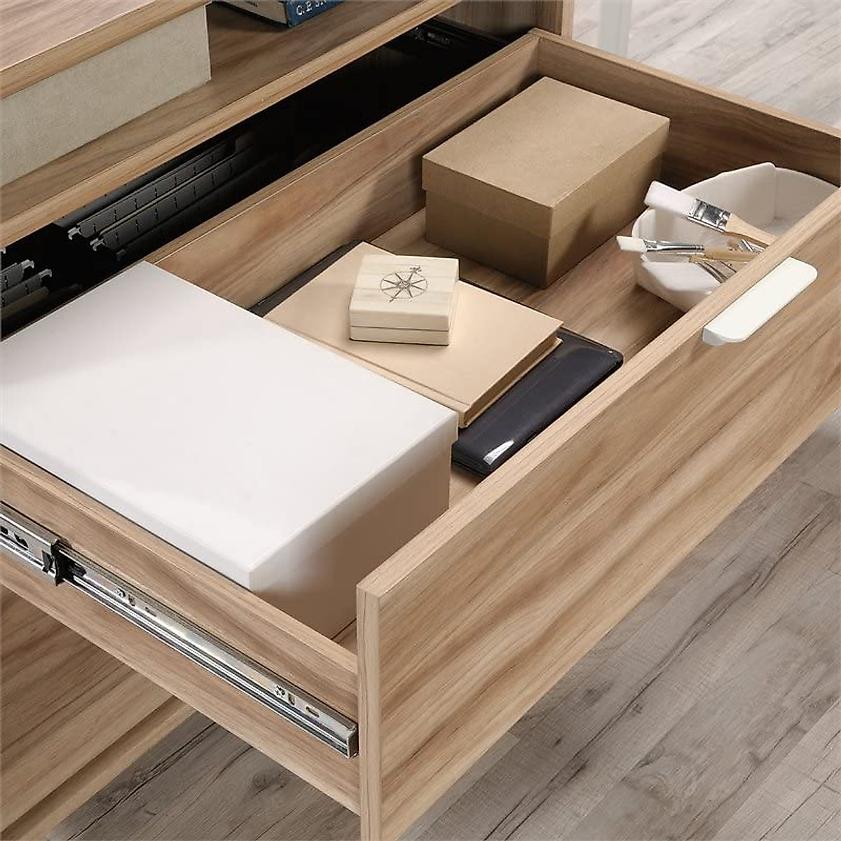 Sauder Portage Park Modern L-Shaped Desk in Kiln Acacia, Kiln Acacia Finish