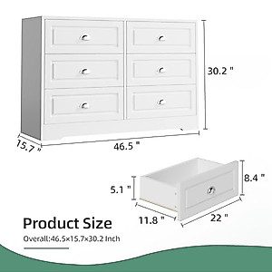Shintenchi Dresser for Bedroom with 6 Drawers, White Double Dresser & Chest of Drawers Wooden Organizer with Metal Handle, Storage TV Stand for Living Room