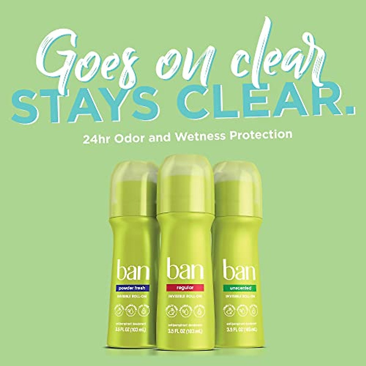 Ban Unscented Scent 24-hour Invisible Antiperspirant, Roll-on Deodorant for Women and Men, Underarm Wetness Protection, with Odor-fighting Ingredients, 1.5 Fl Oz (Pack of 4)
