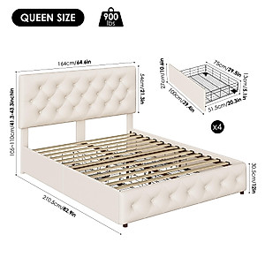 Keyluv Modern Upholstered Bed Frame with 4 Storage Drawers, Button Tufted Headboard Design, Solid Wooden Slat Support, Easy Assembly, Fabric, Beige, Queen Size