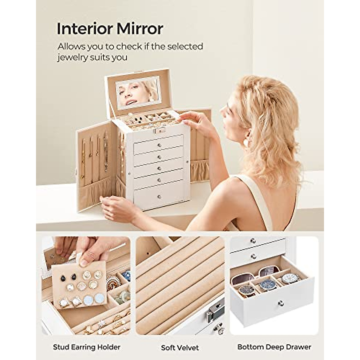 SONGMICS 6 Tier Jewelry Box, Jewelry Case with 5 Drawers, Large Storage Capacity, with Mirror, Lockable, Jewelry Storage Organizer, Gift for Loved Ones, For Watches, White UJBC152W01