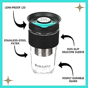 Cold brew coffee cup | For Grab-n-Go | 18oz | Durable glass | stainless steel filter | silicon sleeve | Black design with a Blue lid