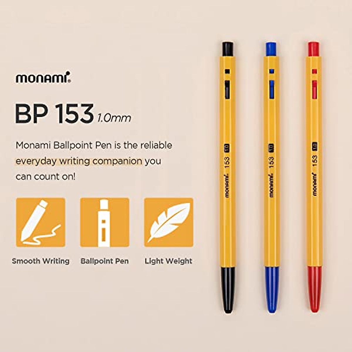 MONAMI BP 153 Retractable Ballpoint Pen, Medium Point (1.0mm), Black, 12-Count