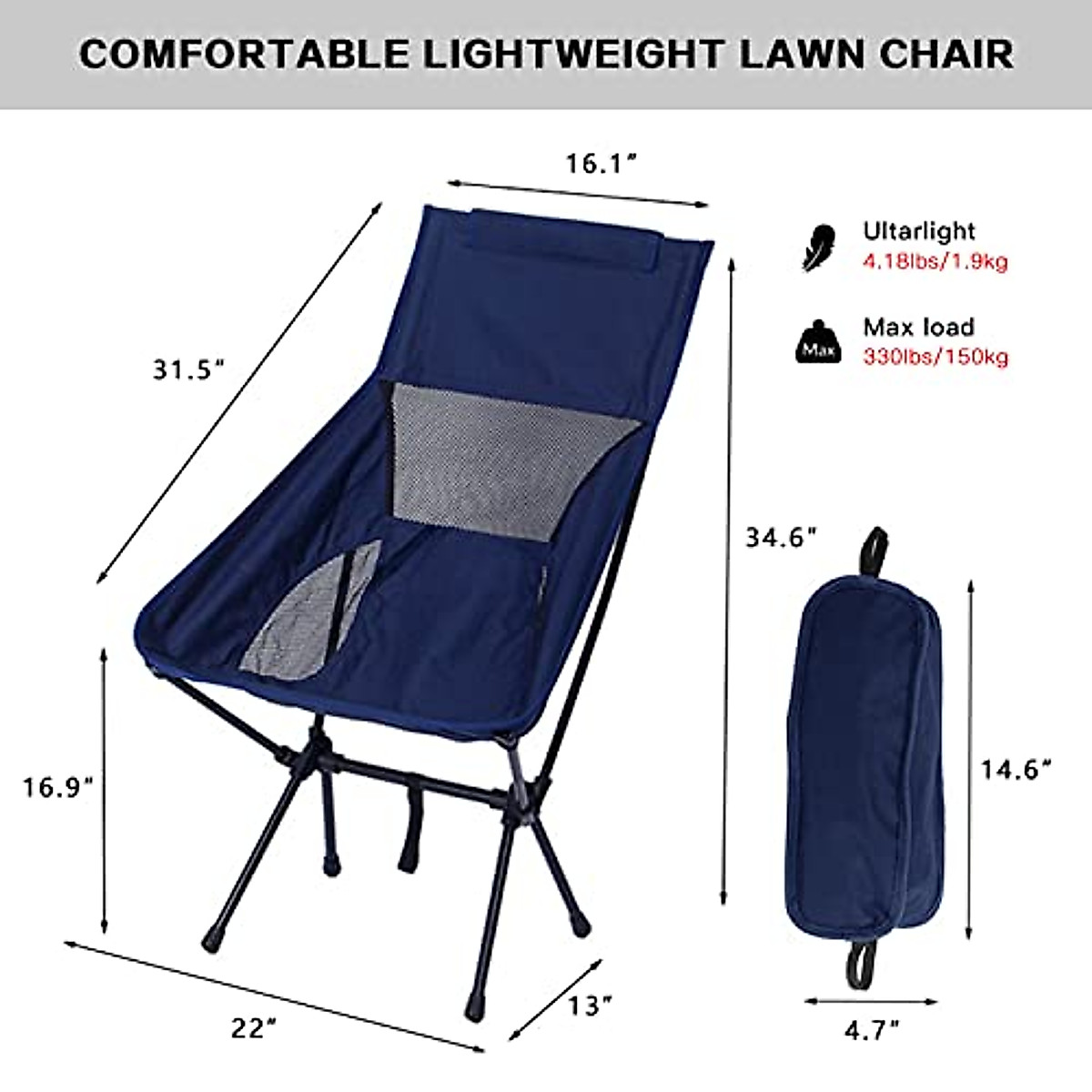 Lyweem Folding Camping Chair for Adults Lightweight Beach and Picnic Chair - Portable High-Backrest Camp Chair - Perfect for Outdoor Activities 330LBS Support, Blue